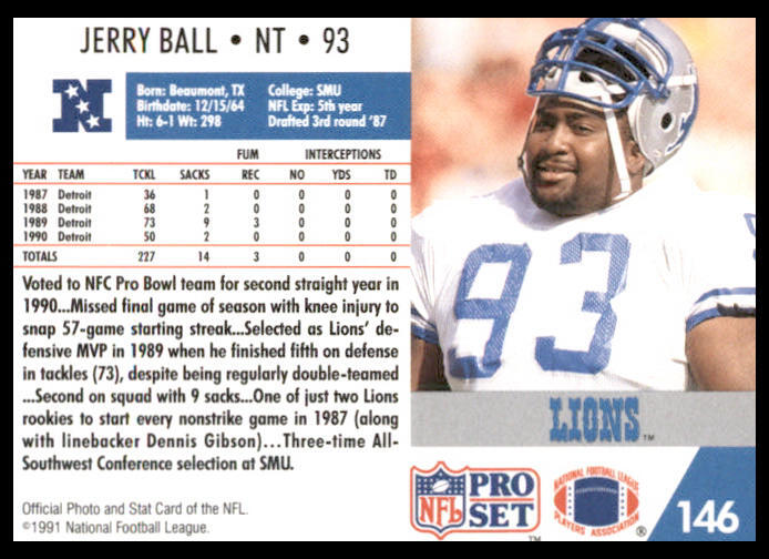 1991 Pro Set #146 Jerry Ball Detroit Lions Football Card | eBay