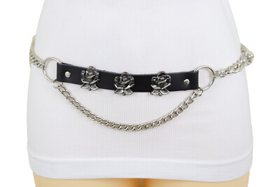 Women Silver Metal Chain Belt Hip High Waist Rose Flower Charms XS S M ...