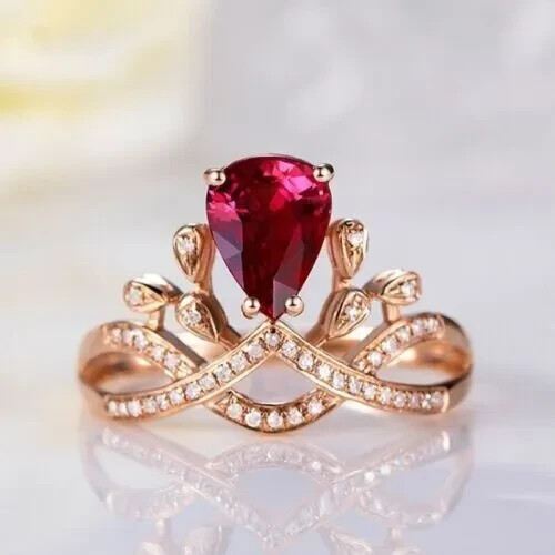 2Ct Pear Lab Created Red Ruby Women's Wedding Ring 14K Rose Gold Plated ...