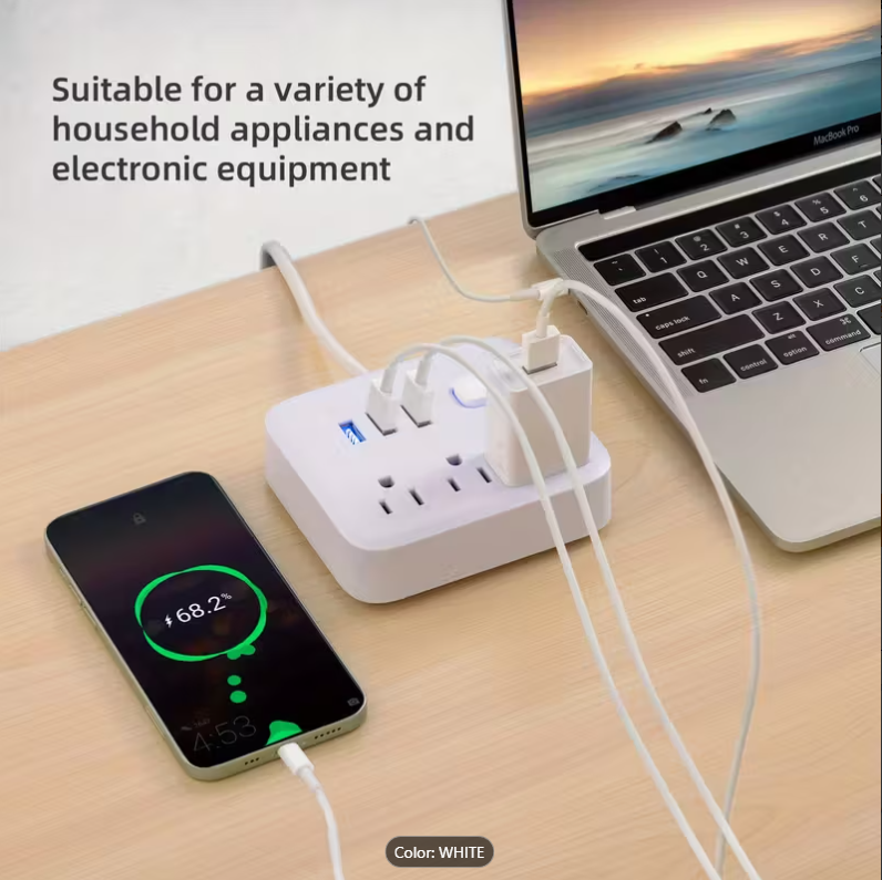 6in1 Power Strip Surge Protector Wall Extender 3 AC Outlets 3 USB Ports ...