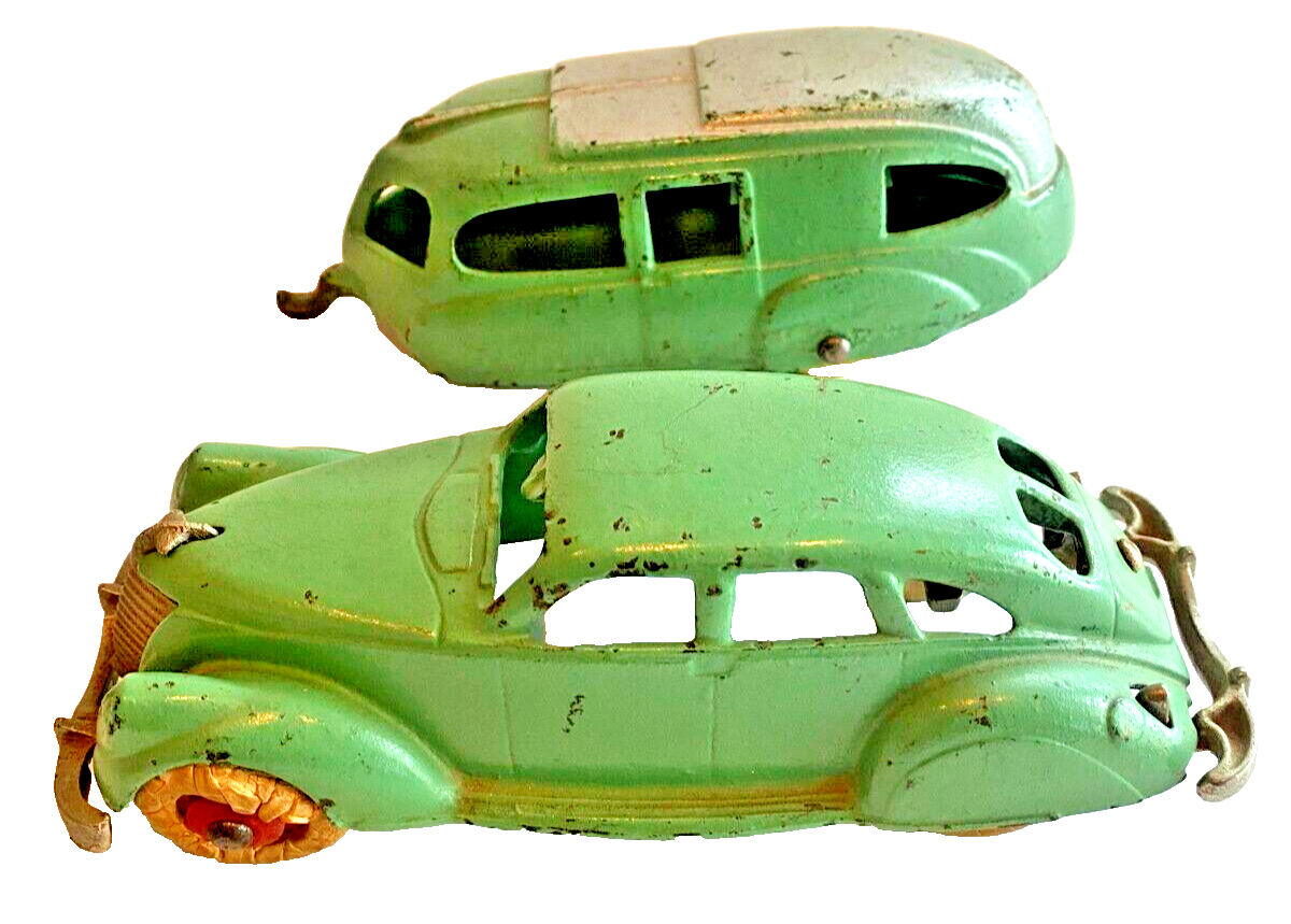 HUBLEY CAST IRON GREEN & SILVER LINCOLN ZEPHYR W/ CAMPER TRAVEL TRAILER ...