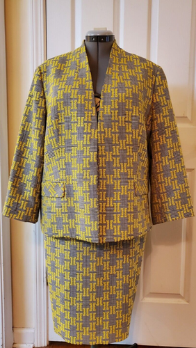 Kasper 2PC Yellow Jacquard Plaid Acrylic Polyester Blend Skirt Suit ...