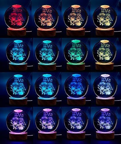 Love Crystal Ball lamp3D 3.15 inch K9 Couple Night Light with Wooden ...