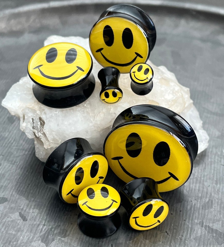 PAIR Smiley Face Plugs Logo Double Flare Saddle Earlets Earrings Guages ...