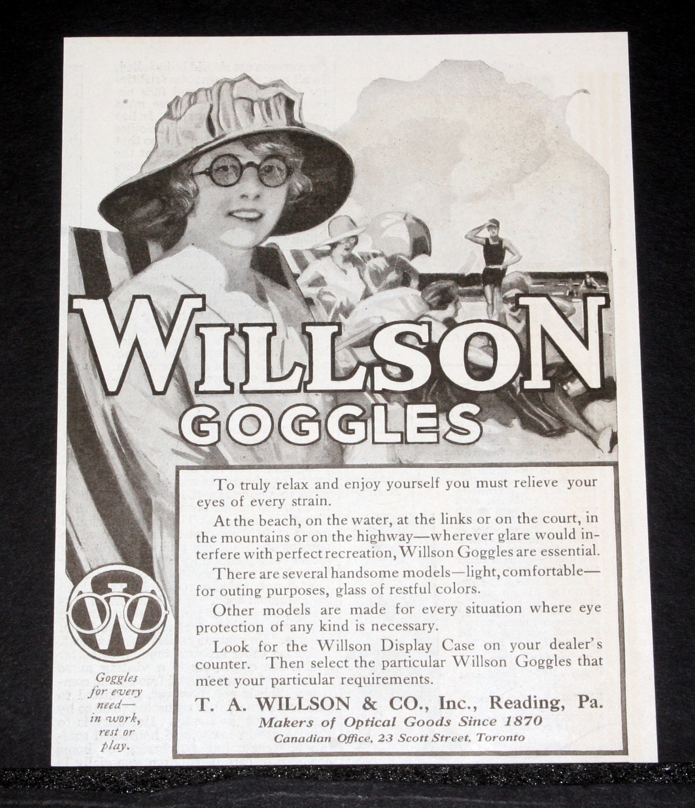 1919 OLD MAGAZINE PRINT AD, WILLSON GOGGLES, RELIEVE YOUR EYES OF EVERY ...