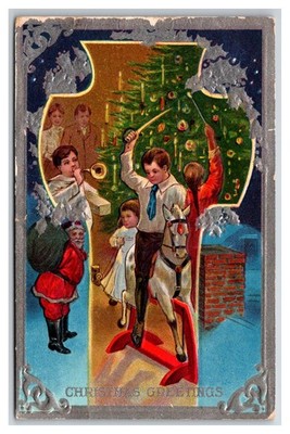 Embossed ~ Children playing w toys & Decorating Christmas tree & Santa ...