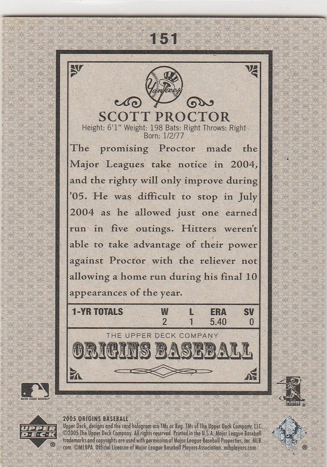 2005 UD Origins Old Judge Red #151 Scott Proctor #/99 048-F | eBay