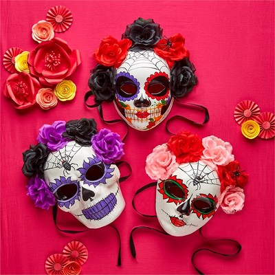Day of the Dead Skull Paper Mache Halloween Mask, Flowers & Ribbon ...