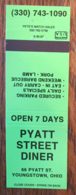 YOUNGSTOWN, OHIO MATCHBOOK COVER: PYATT STREET DINER EMPTY MATCHCOVER ...