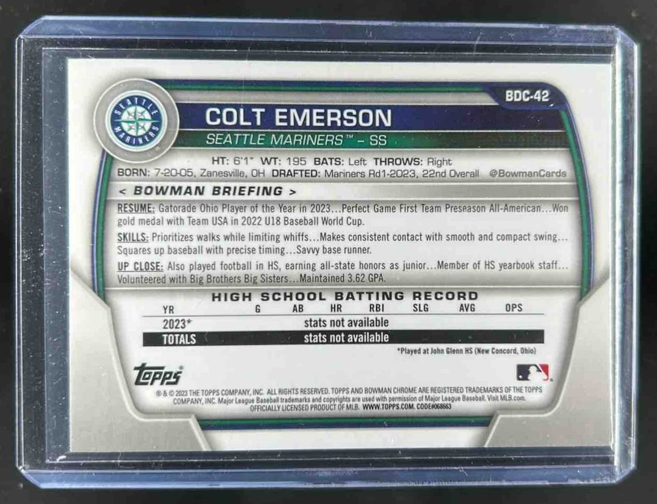 2023 Bowman Draft Colt Emerson Chrome Purple Refractor 1st #/250 ...