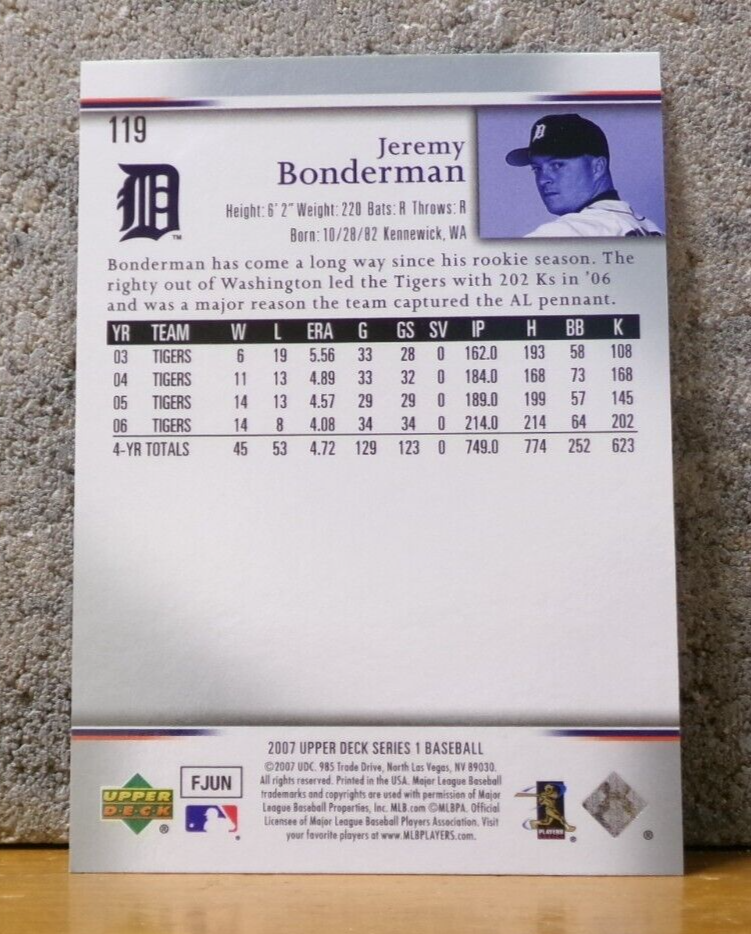 BASEBALL CARD UPPER DECK 2007 DETROIT TIGERS PITCHER JEREMY BONDERMAN ...