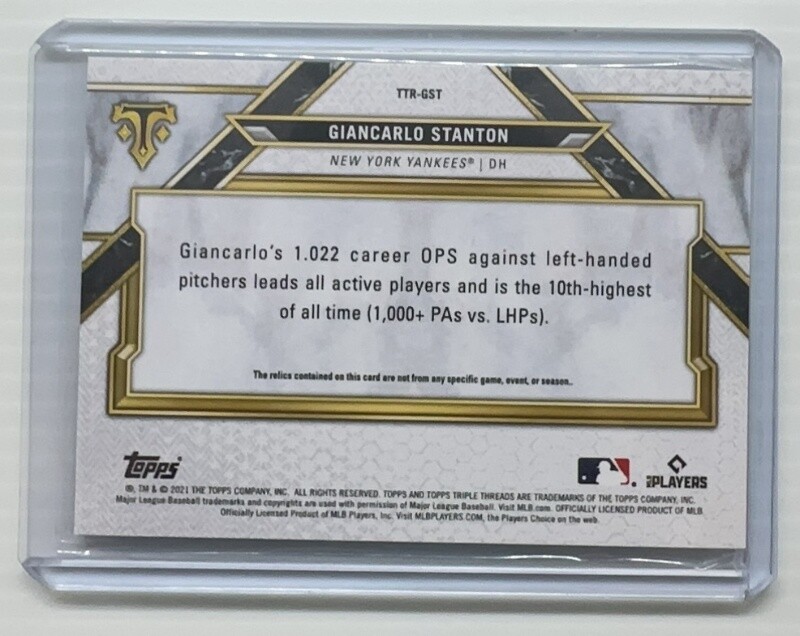2021 Topps Triple Threads Giancarlo Stanton Gold Jersey Bat Relic #9/9 ...