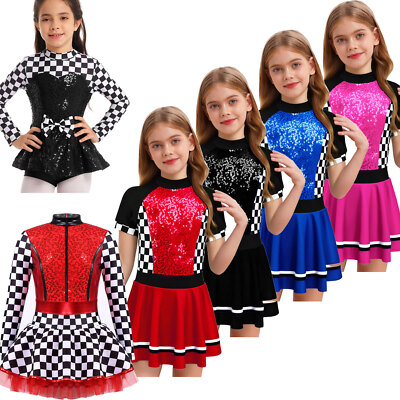 Kids Girls Checkerboard Shiny Sequins Dress Racing Driver Party Dance ...