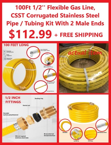100Ft 1/2'' Flexible Gas Line, CSST Corrugated Stainless Steel Tubing ...