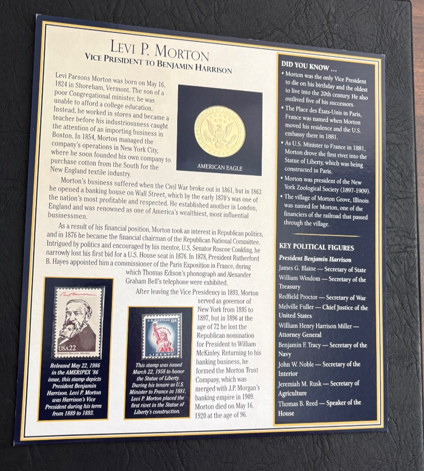 Levi P Morton 22nd Vice President 22KT Layered Gold Medal & 2 Stamps NM ...