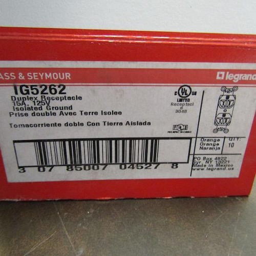 BOX OF 10 Legrand IG5262 15A Isolated Ground Duplex Receptacle Orange ...