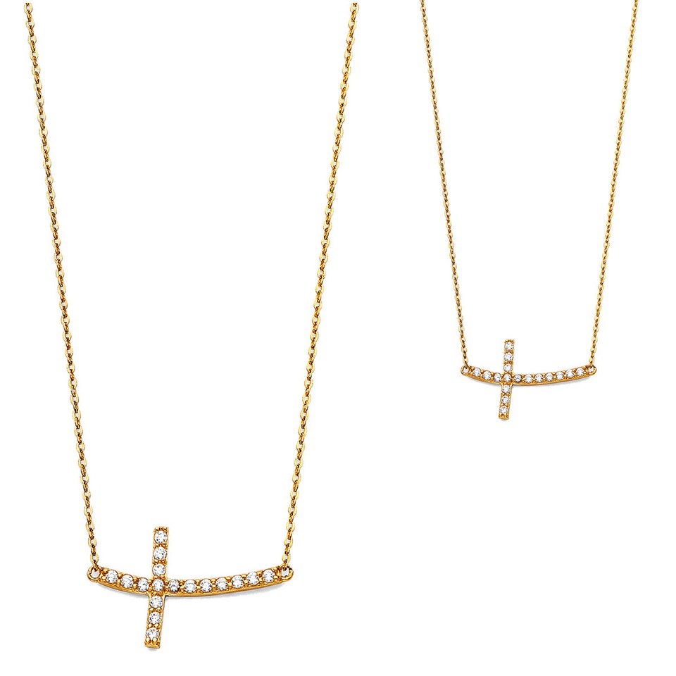 14K Solid Yellow Gold Bended CZ Sideways Cross Necklace - 17+1" | eBay