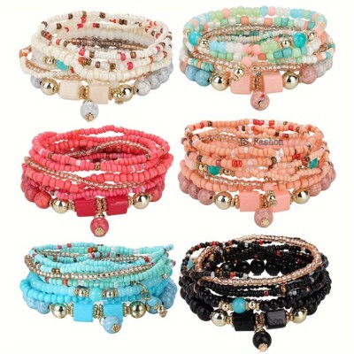 6 SET Bohemian Stacked Bead Bracelet Multi-Layer Elastic Multi-Color ...