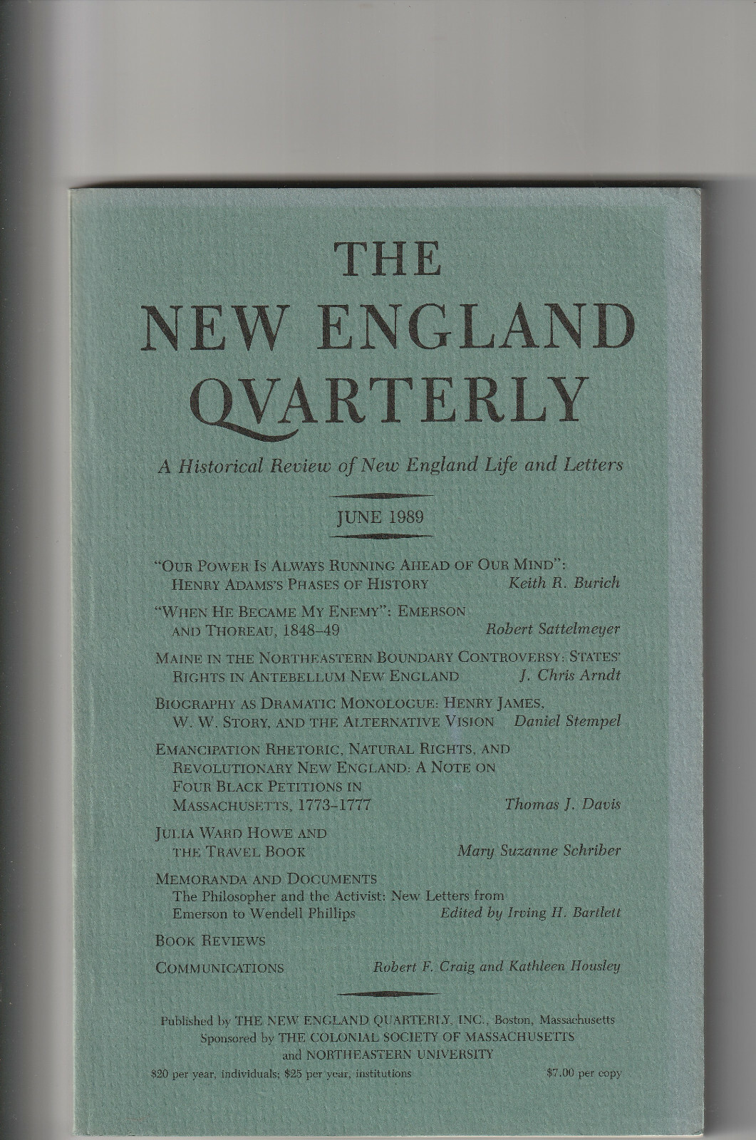 NEW ENGLAND QUARTERLY. Historical Review Of New England Life & Letters ...