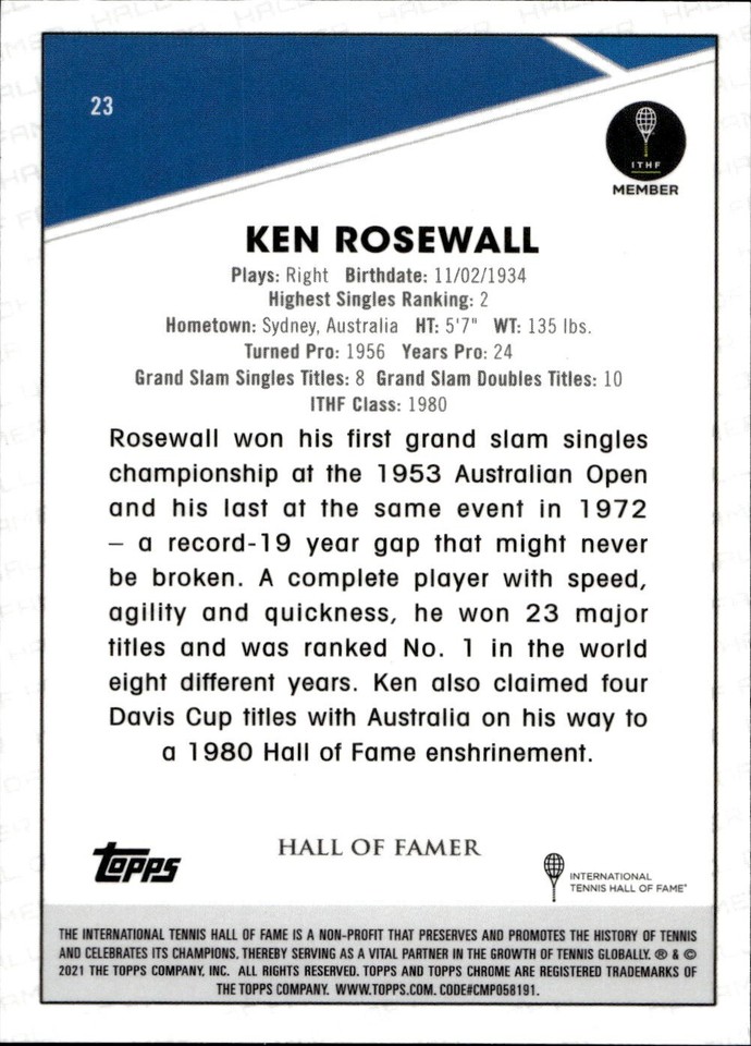 2021 Topps Chrome Sapphire Tennis Ken Rosewall Blue Sapphire Parallel ...