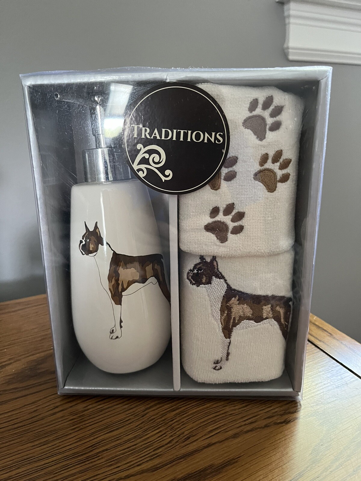 Boxer Dog Soap/Lotion Dispenser & Fingertip Towel Set | eBay
