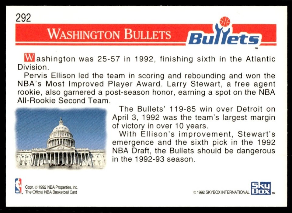 1992-93 Hoops Washington Bullets Washington Bullets #292 | eBay