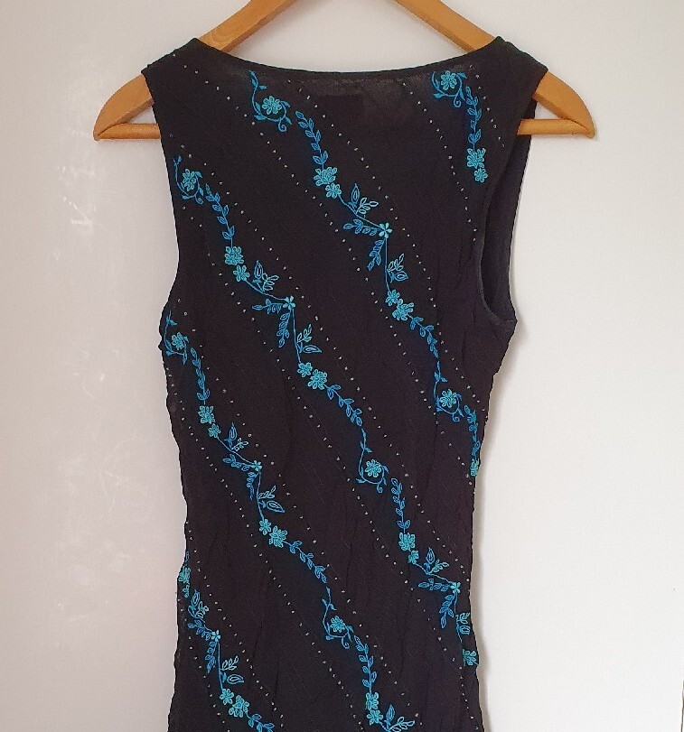 SALE ڿڰۣ EAST Black & Turquoise BEAD EMBROIDERED Bias Cut CHIFFON DRESS ...