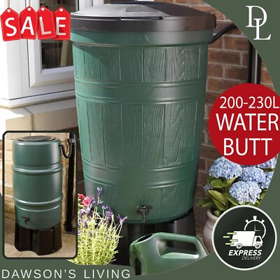 200L or 227L Garden Large Barrel Plastic Water Butt Set Inc Tap Stand ...