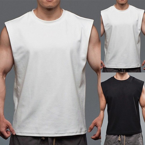 Mens Summer Sleeveless Muscle T-Shirt Solid Blank Tank Sport Gym Tops M ...