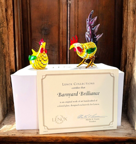 Lenox Art Glass Rooster & Hen Figurines Barnyard Brilliance Mini NIB w ...