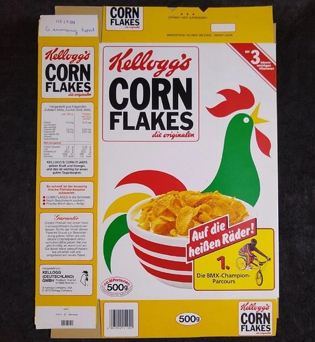 1984 German KELLOGG'S CORN FLAKES CEREAL BOX Empty Unused vtg RALEIGH ...