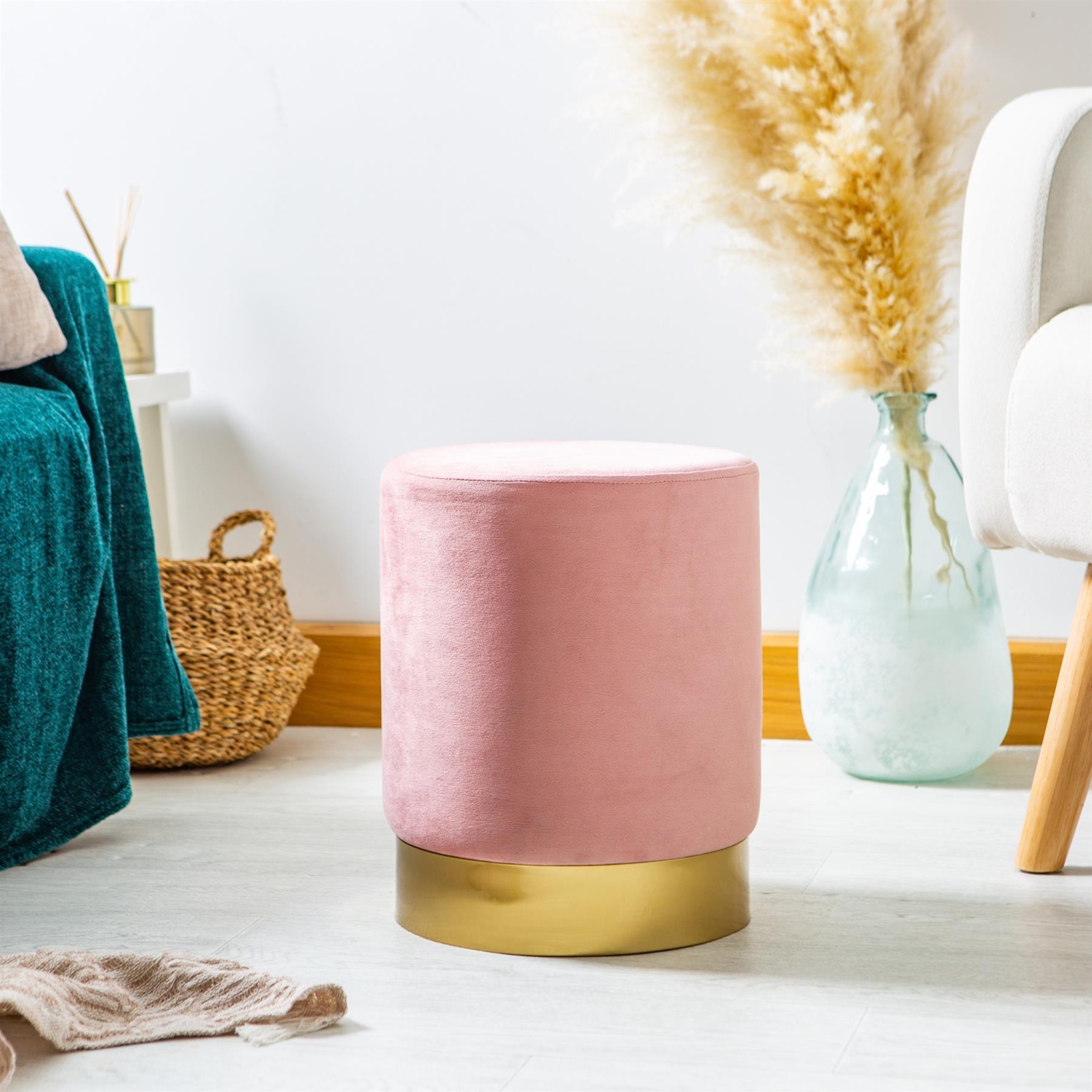 Round Velvet Pouffe Bedroom Dressing Table Accent Footstool 29 x 36cm ...