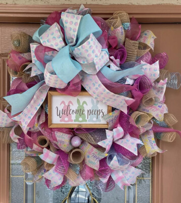 Easter Decor spring handmade Mesh Wreath, farmhouse style sign w ...