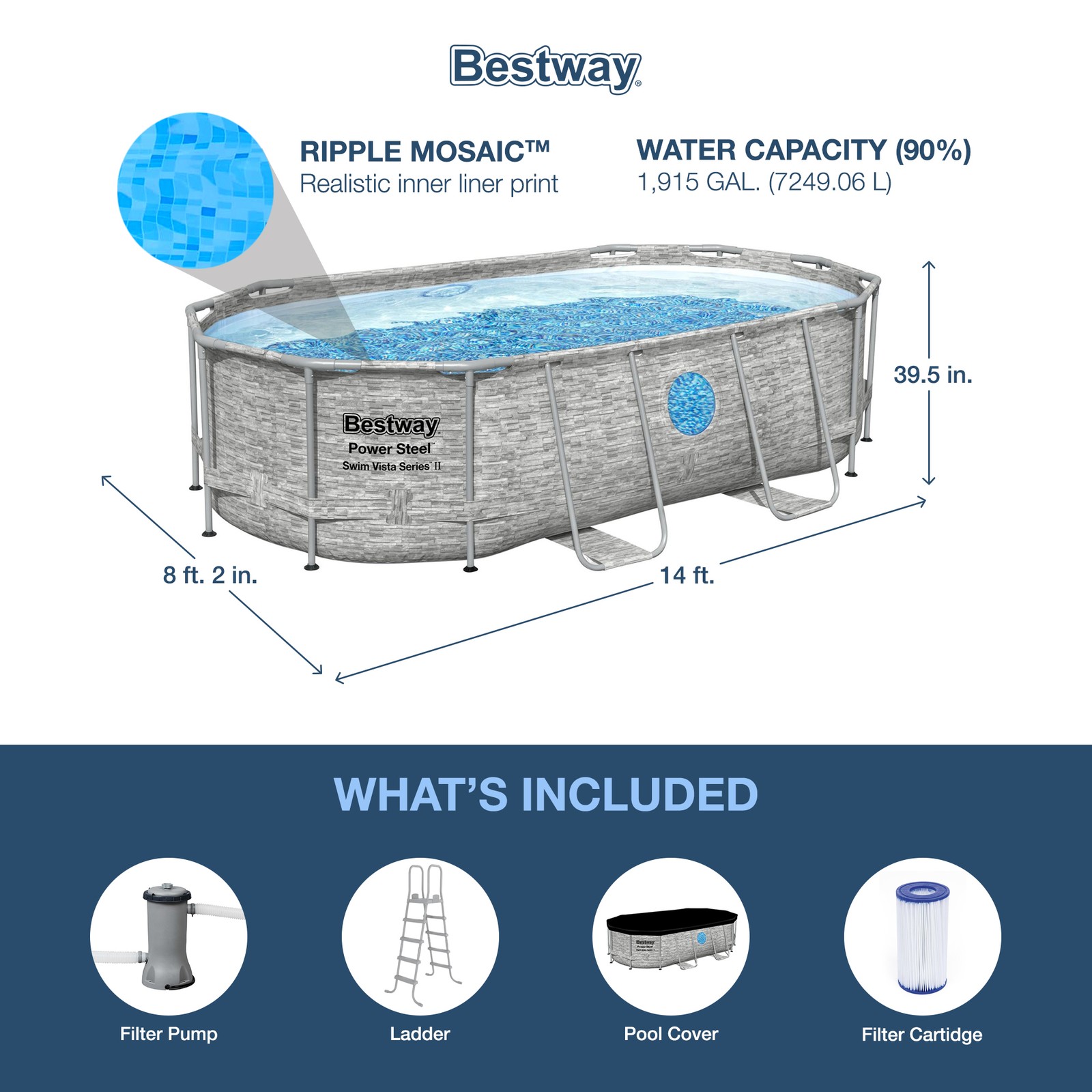 Bestway Power Steel Vista 14'x8'2"x39.5" Above Ground Swimming Pool(For ...