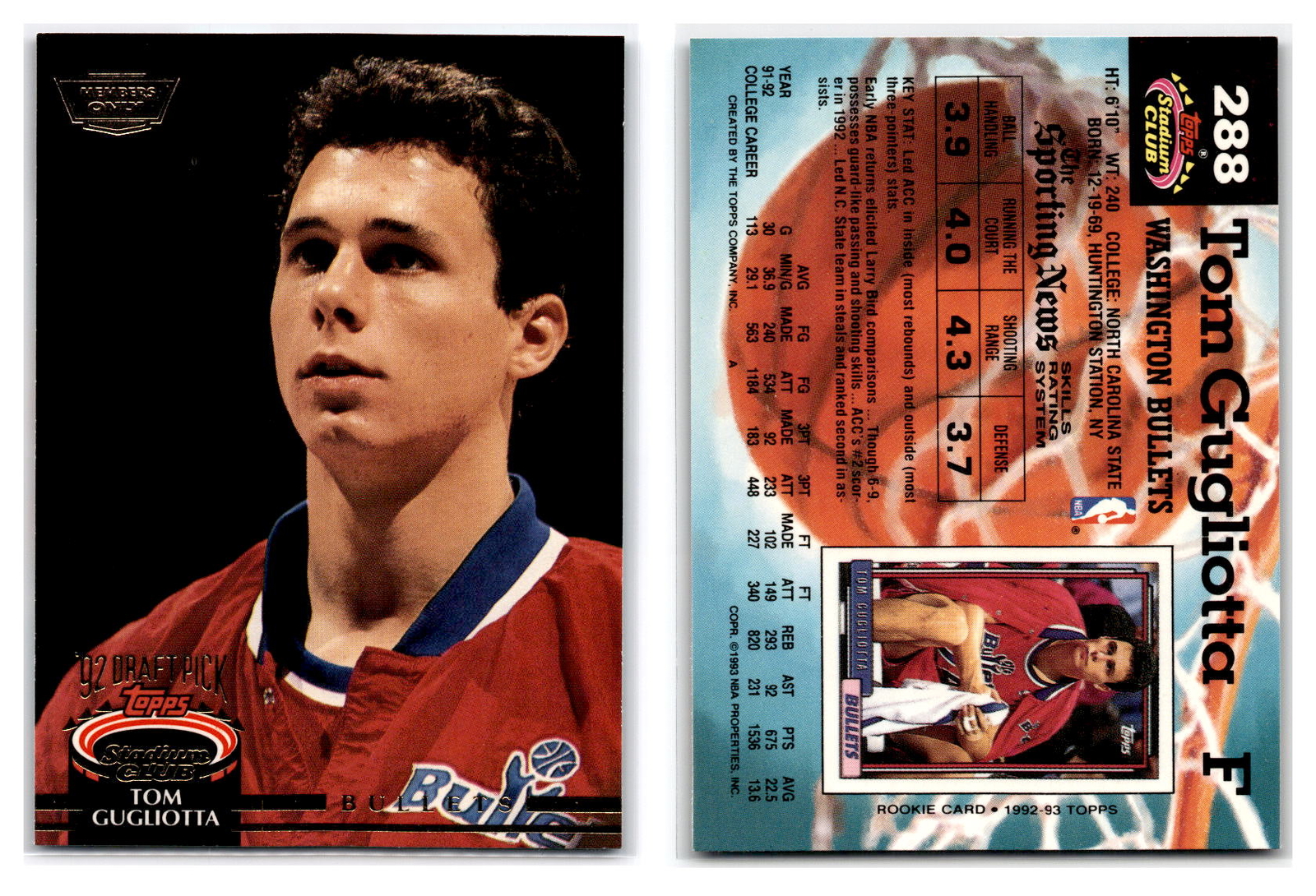 1992-93 Stadium Club Members Only #288 Tom Gugliotta - Washington ...