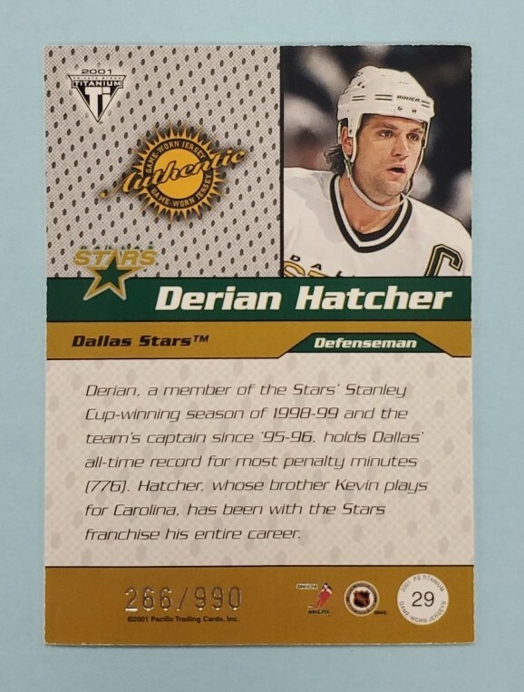 2000/01 Pacific Titanium Derian Hatcher Draft Day Jersey Relic #29 Card ...