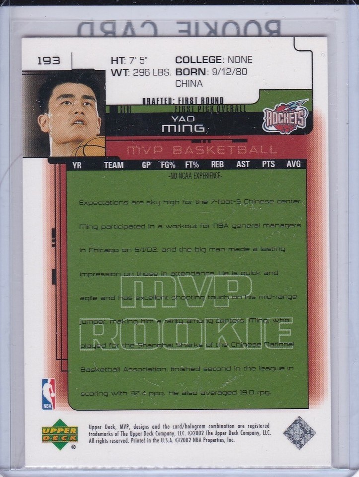 YAO MING ROOKIE CARD 2002 Upper Deck MVP RC $$ RARE CLASSIC SILVER ...