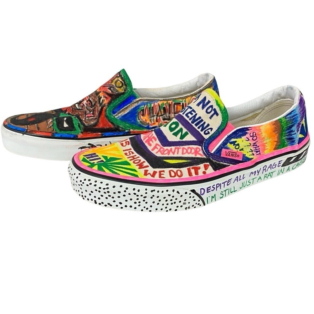 VANS Sneakers Custom Hand Drawn Graffiti Slide On Shoes Women 7.5 Men 6 ...