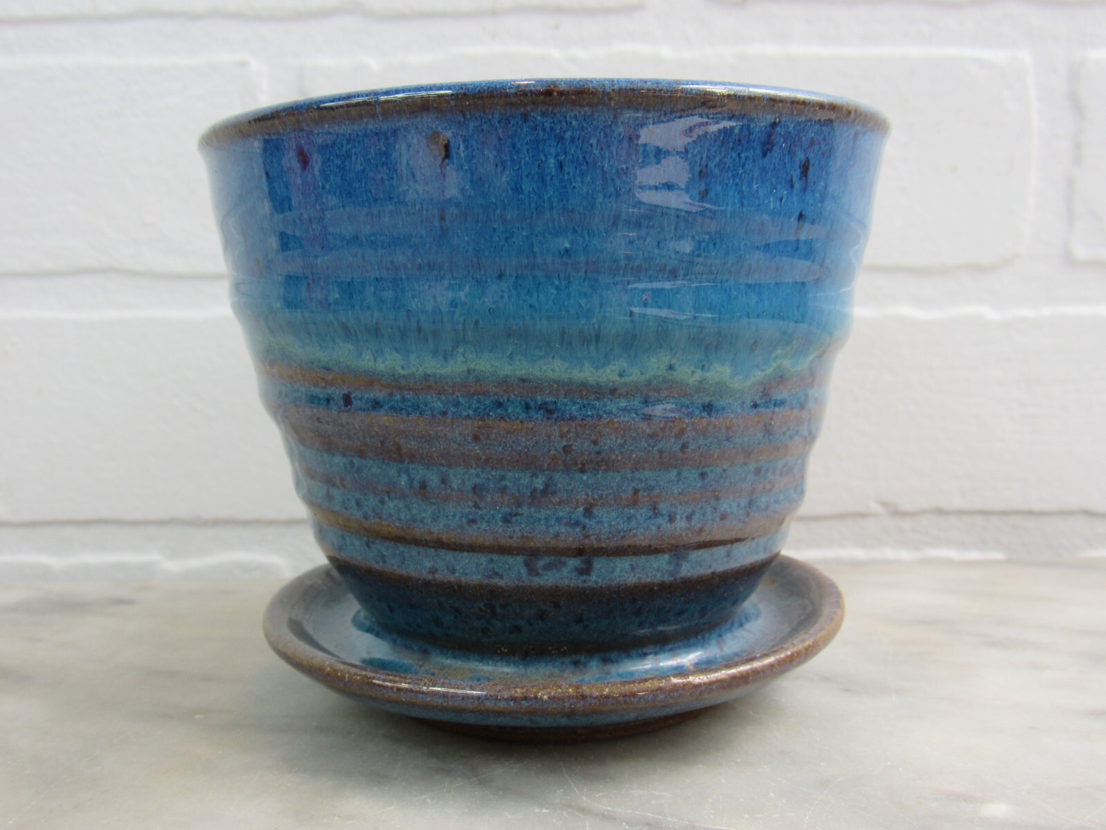 STUDIO POTTERY FLOWER POT PLANTER VASE STUDIO SIGNED TANIA BLUE BROWN ...