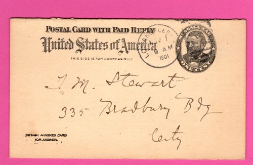 UY1 attached 1ct grant paid reply postal card, card used rely card un ...