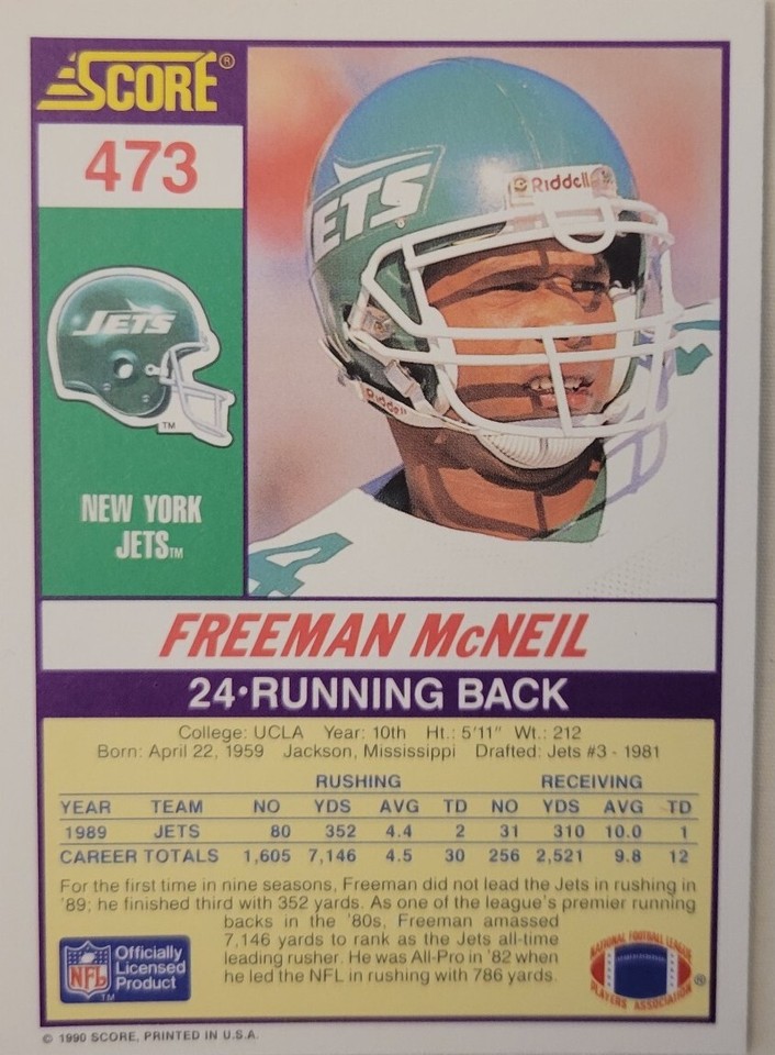 1990 Score Football Card Freeman McNeil New York Jets #473 | eBay