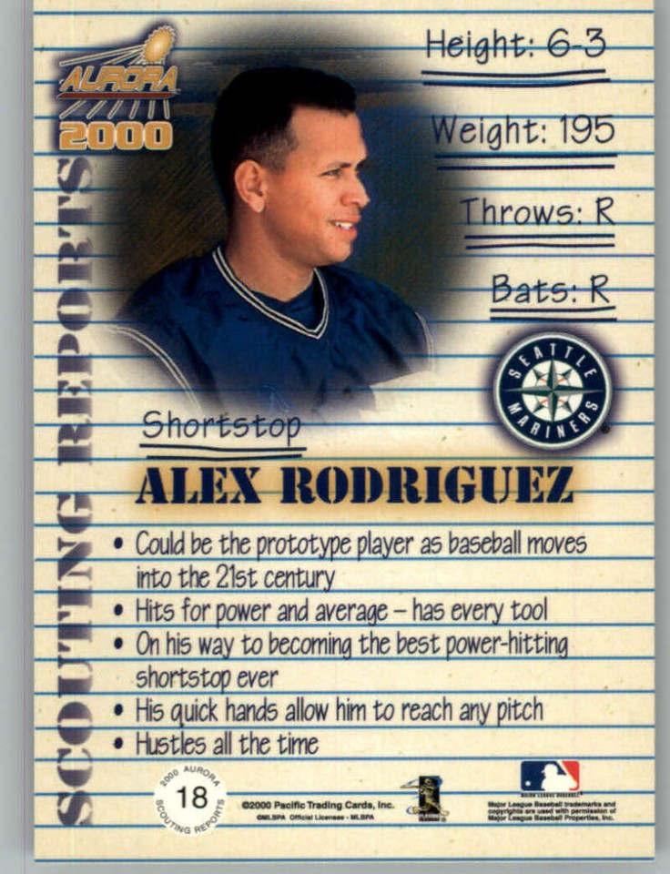 2000 Pacific Aurora Scouting Report #18 Alex Rodriguez NM-MT Mariners ...