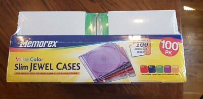 100 Pack Memorex Slim CD Jewel Cases 5 Assorted Colors Inserts Included ...