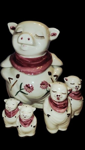 VINTAGE SHAWNEE SMILEY PIG CHRYSANTHEMUM SMILE COOKIE JAR & SHAKERS ...