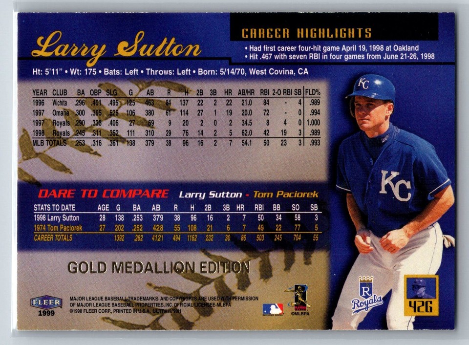1999 Fleer Ultra Larry Sutton Gold Medallion Parallel Kansas City ...