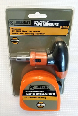 JobSmart 25 Foot Rapid Read Tape Measure & Bonus 4 in 1 Ratcheting ...