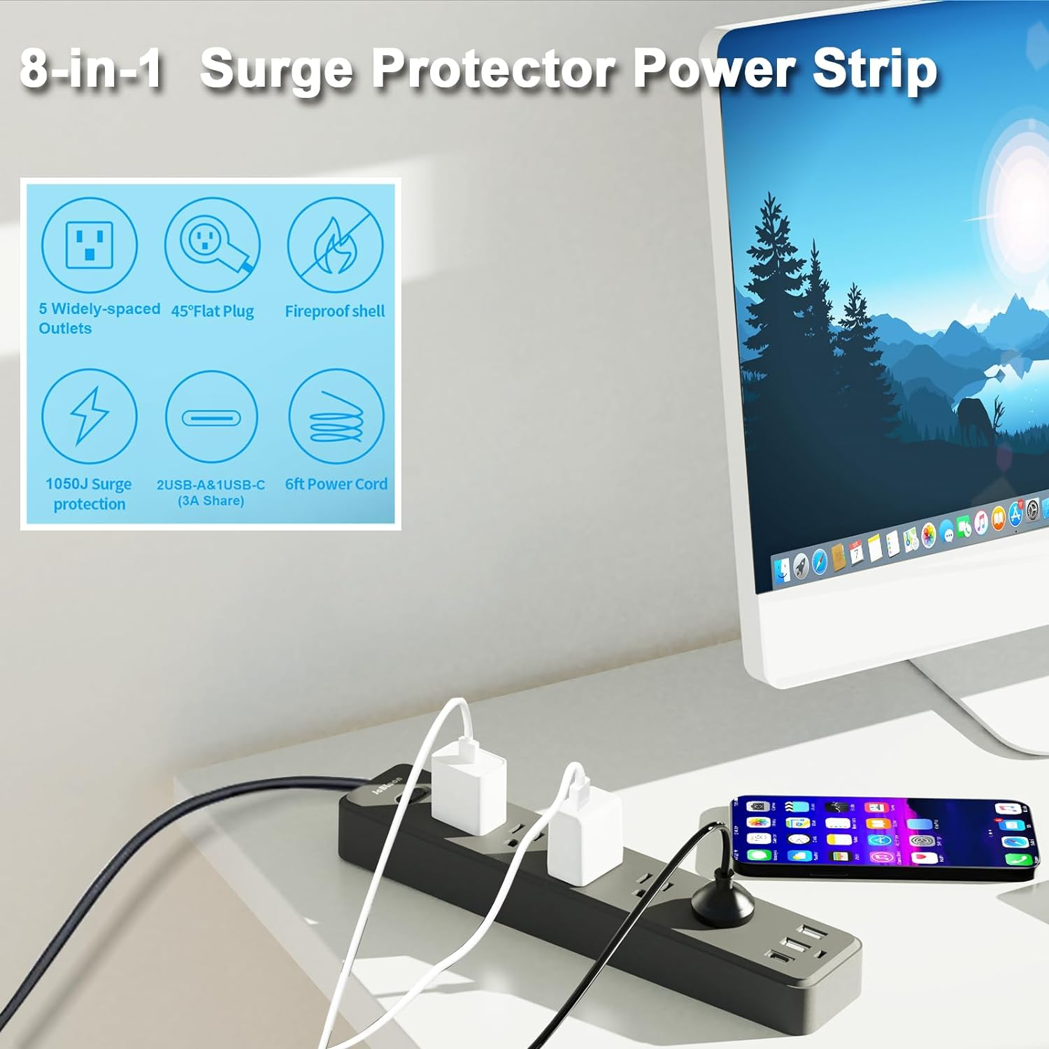 6Ft Power Strip Surge Protector with 3 USB Ports(1 USB C), Flat Plug ...