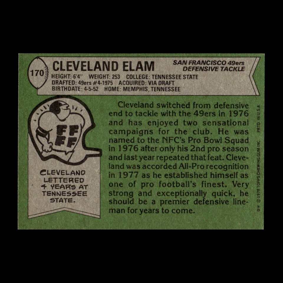 Cleveland Elam 1978 Topps San Francisco 49ers #170 R308F 1 | eBay