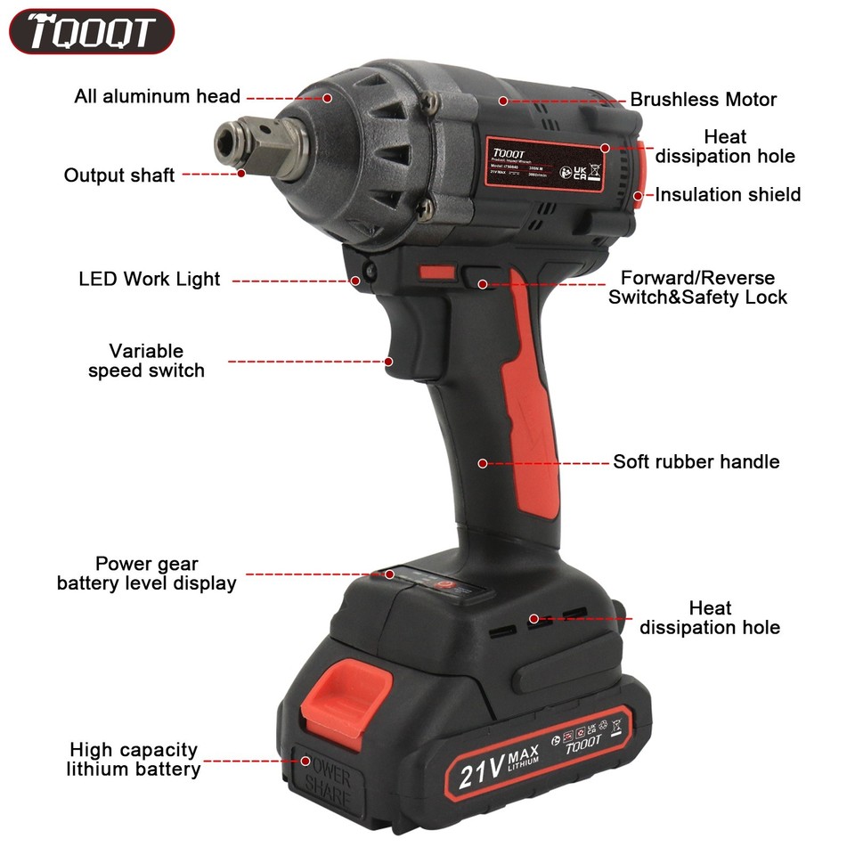 Heavy Duty Electric Impact Wrench 21V Ratchet Nut Gun Cordless Wheel ...