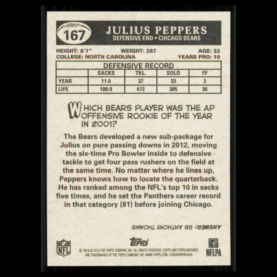 Julius Peppers #167 2013 Topps Archives Chicago Bears Football Card NFL ...